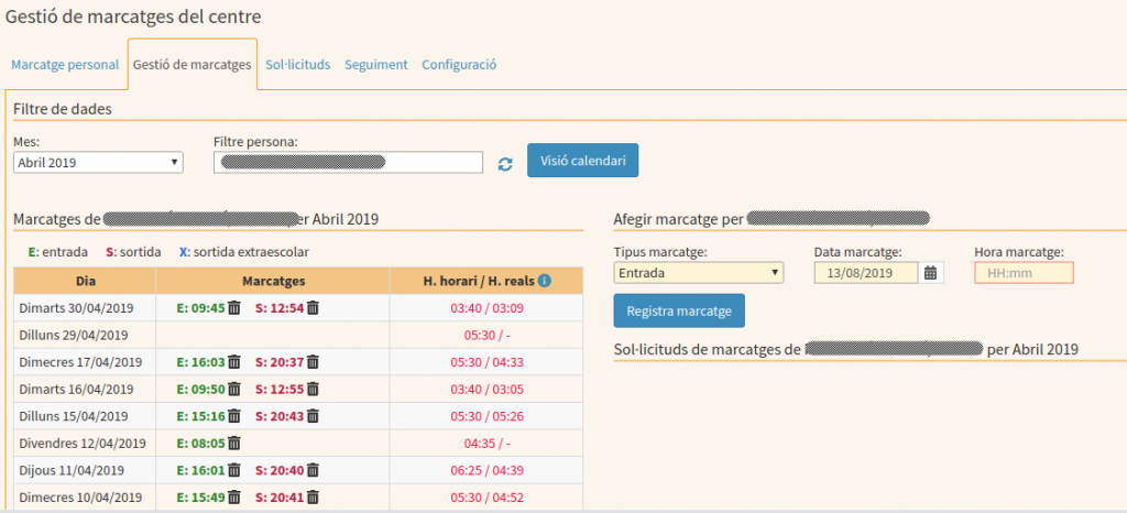 Gestió de marcatges | Suport GESTIB