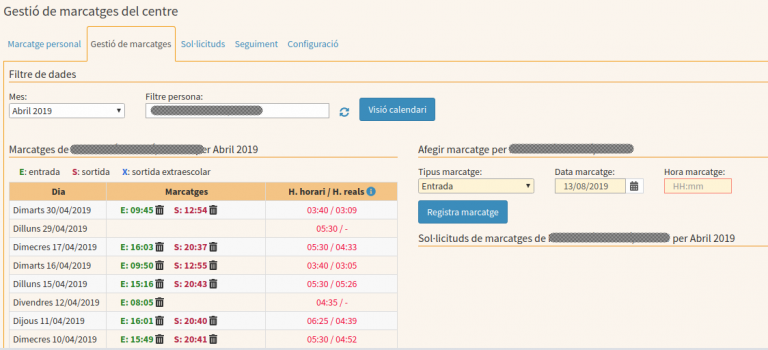 Gestió de marcatges | Suport GESTIB